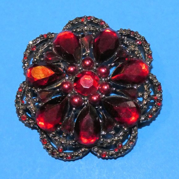 Jewelry | Vintage Red Flower Brooch Pin Floral Flower Faux Pearls ...